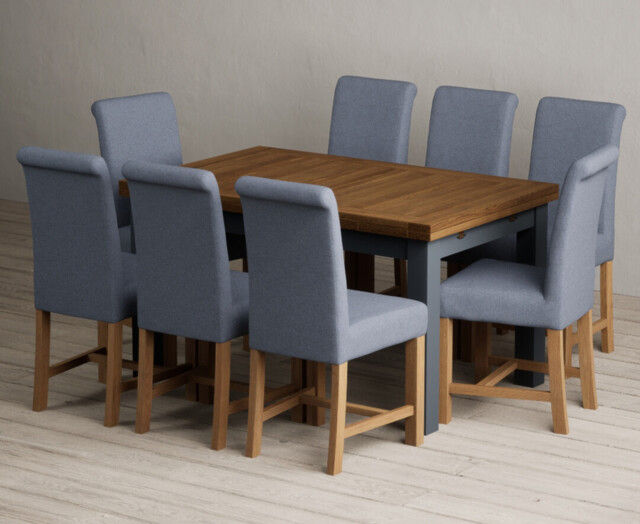 Extending Buxton 140cm Oak and Dark Blue Painted Dining Table with 8 Brown Scroll Back Chairs by ...