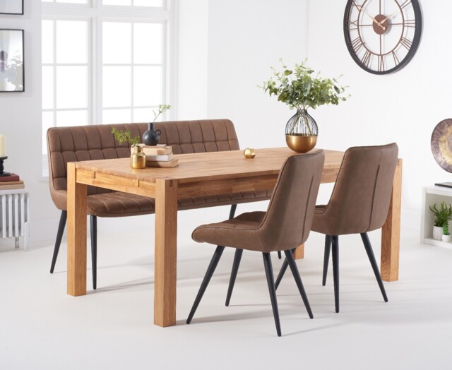Thetford 150cm Oak Dining Table with 2 Brown Larson Chairs with 1 Brown ...