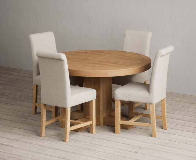 Extending Helmsley Oak Pedestal Dining Table with 6 Natural Scroll Back ...