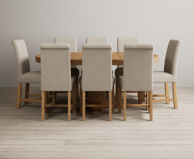 Extending Helmsley Oak Pedestal Dining Table with 6 Natural Scroll Back ...