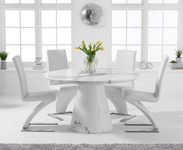 Ravello 130cm Round White Marble Dining Table with 6 Grey Aldo Chairs ...