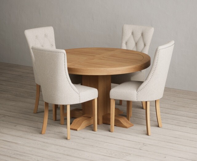 Extending Helmsley Oak Pedestal Dining Table with 4 Natural Beatrix ...