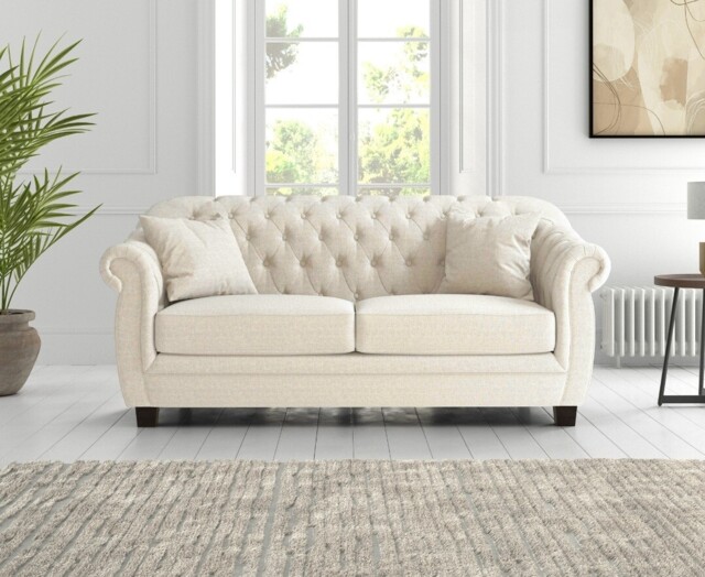 Eva Chesterfield Ivory Linen Fabric Two-Seater Sofa by Oak Furniture ...