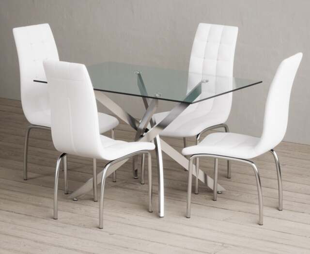Bernini 120cm Rectangular Glass Dining Table with 6 White Enzo Chairs ...