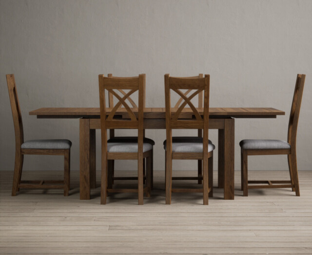 Extending Buxton 140cm Rustic Solid Oak Dining Table with 8 Light Grey ...