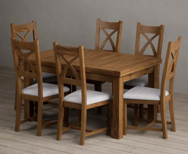 Extending Buxton 140cm Rustic Solid Oak Dining Table with 8 Light Grey ...