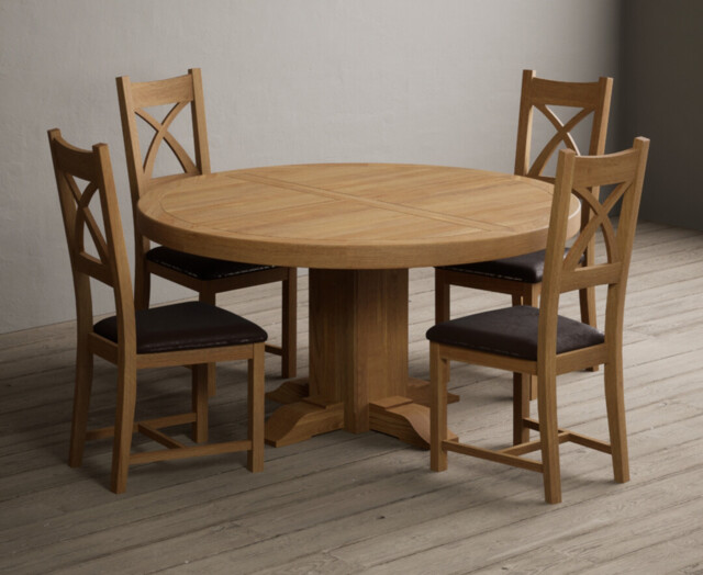Helmsley 150cm Round Oak Dining Table with 4 Brown Natural Solid Oak ...