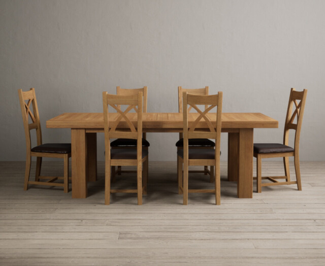 Extending Callington 230cm Oak Dining Table with 6 Linen Natural Solid ...