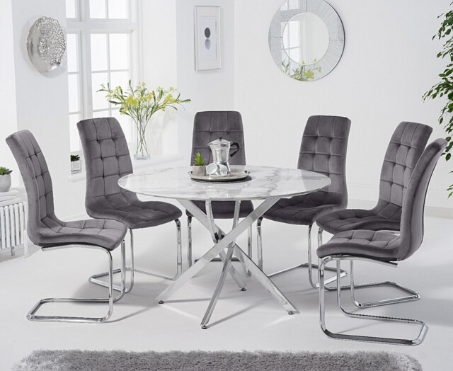 Comiso 120cm Round White Marble Dining Table with 6 Grey Vigo Chairs by ...