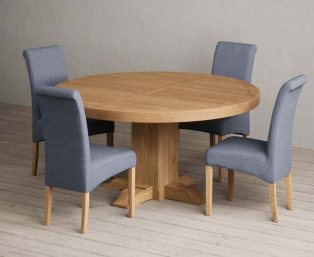 Helmsley 150cm Round Oak Dining Table with 6 Blue Scroll Back Chairs by ...