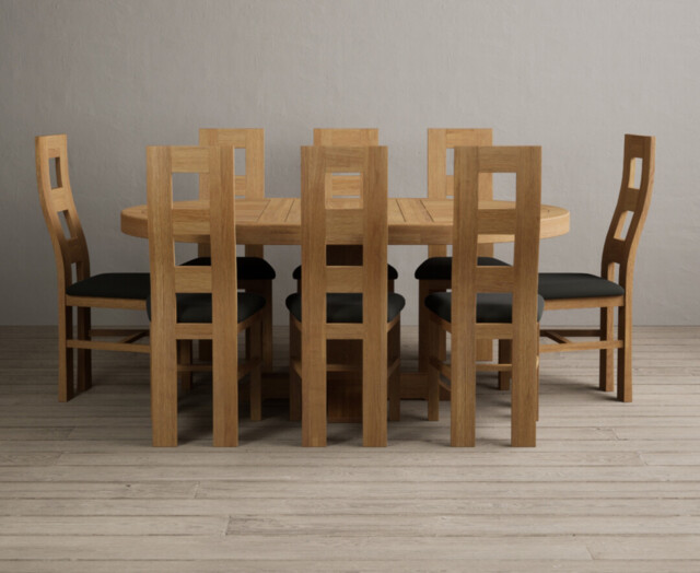 Extending Helmsley Oak Pedestal Dining Table with 6 Cream Natural Solid ...