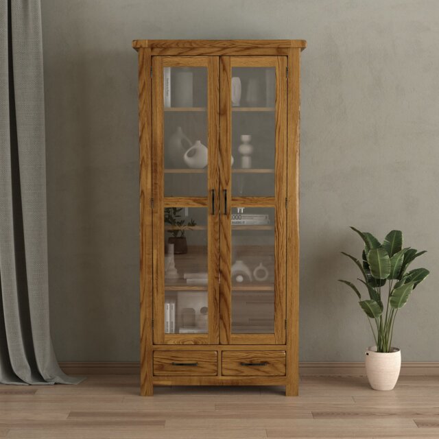 Harrogate Rustic Solid Oak Glazed Display Cabinet by Oak Furniture Superstore | ufurnish.com