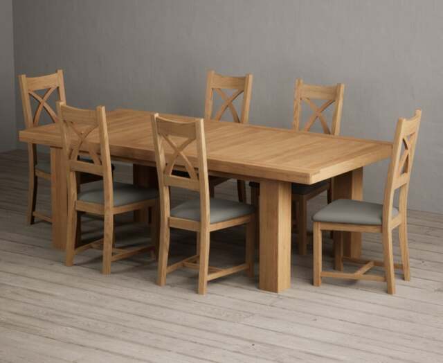 Extending Callington 230cm Oak Dining Table with 6 Grey Natural Solid ...