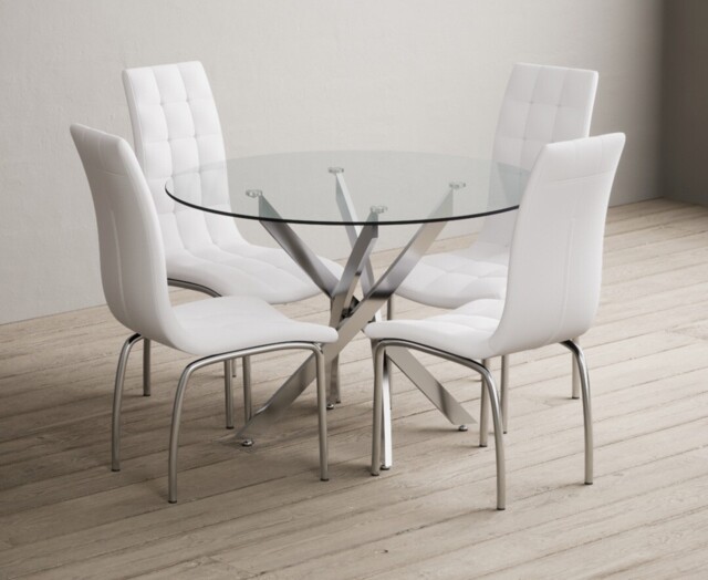 Bernini 110cm Glass Dining Table with 4 Cream Enzo Chairs by Oak ...