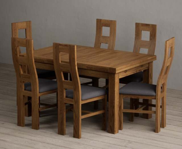 Extending Buxton 140cm Rustic Solid Oak Dining Table with 8 Light Grey ...