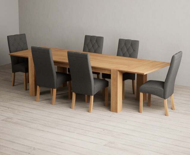 Sheringham 200cm Solid Oak Dining Table with 6 Grey Maya Chairs with Sheringham Oak Extensions ...