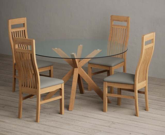 Lakelyn 140cm Round Solid Oak and Glass Dining Table with 2 Oak Monroe ...