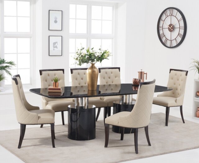 Antonio 220cm Black Marble Dining Table with 10 Grey Francesca Chairs ...