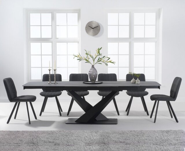 Extending Jacob 180cm Grey Stone Dining Table with 6 Brown Hendrick ...