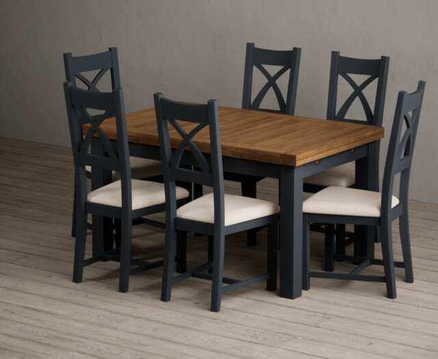 Extending Buxton 140cm Oak and Dark Blue Painted Dining Table with 6 ...