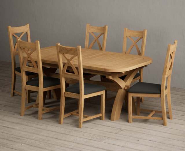 Extending Olympia 180cm Solid Oak Dining Table with 6 Black Natural ...