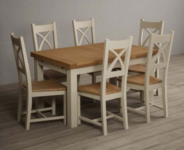 Extending Buxton 140cm Oak and Cream Painted Dining Table with 6 Linen ...