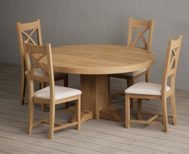 Helmsley 150cm Round Oak Dining Table with 8 Linen Natural Solid Oak ...