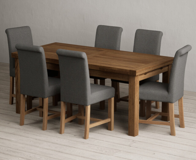 Extending Buxton 180cm Rustic Solid Oak Dining Table with 6 Grey Scroll ...