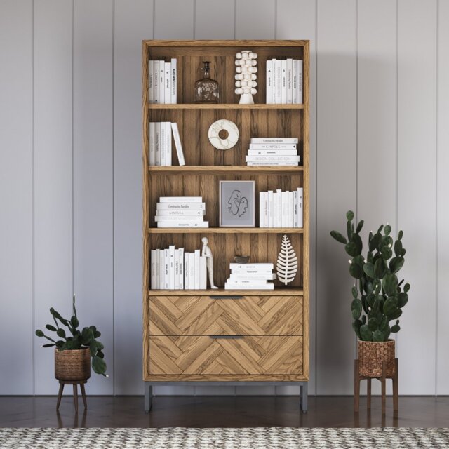 Herringbone Solid Oak Tall Bookcase by Oak Furniture Superstore ...