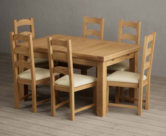 Extending Buxton 140cm Solid Oak Dining Table with 6 Cream Alton Chairs ...