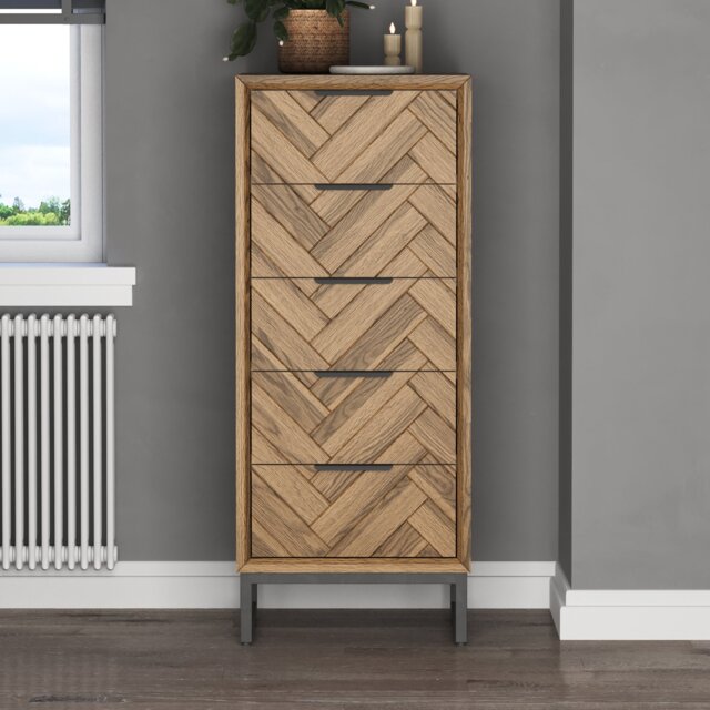 Herringbone Solid Oak 5 Drawer Tallboy Chest by Oak Furniture Superstore | ufurnish.com