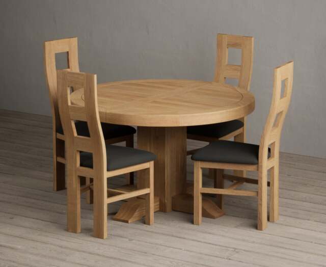 Extending Helmsley Oak Pedestal Dining Table with 6 Grey Natural Solid ...