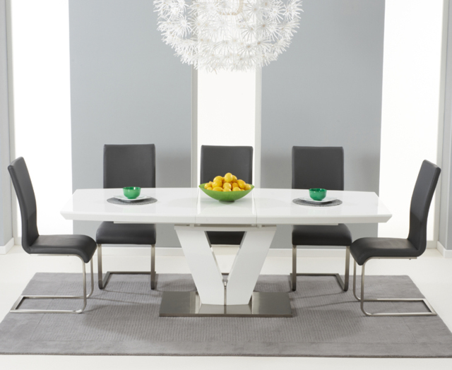 Extending Palermo 180cm White High Gloss Dining Table with 4 Grey Austin Chairs by Oak Furniture ...