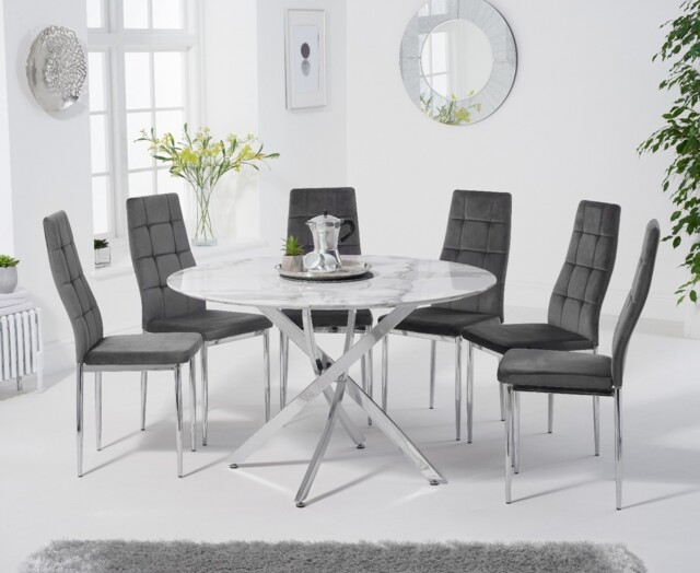 Comiso 120cm Round White Marble Dining Table with 4 Grey Angelo Chairs ...