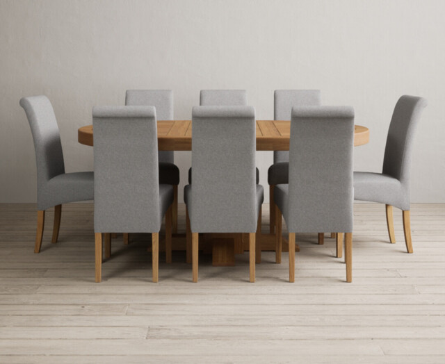 Extending Helmsley Oak Pedestal Dining Table with 6 Blue Scroll Back ...