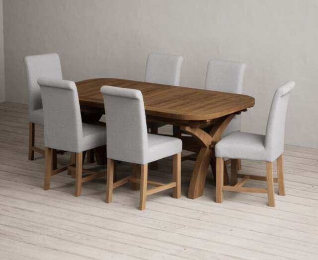 Extending Olympia 180cm Rustic Solid Oak Dining Table with 6 Grey ...