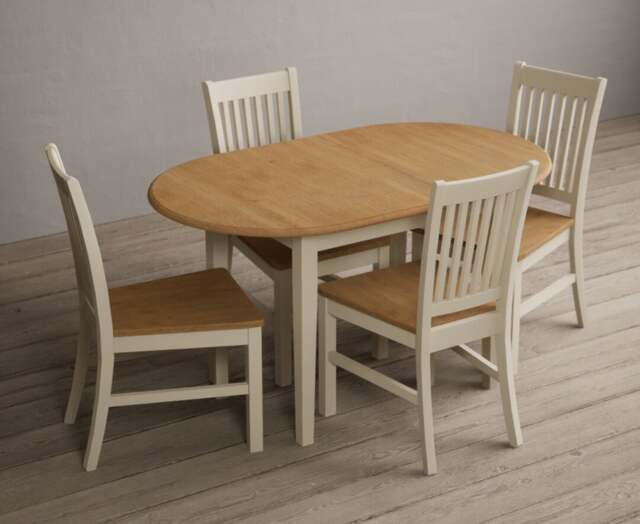 Extending Warwick Oak and Cream Painted Dining Table with 4 Linen ...