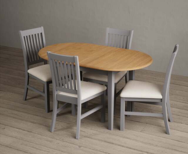 Extending Warwick Oak and Light Grey Painted Dining Table with 4 Linen ...