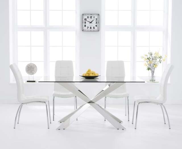 Canova 160cm Glass Dining Table with 4 Cream Enzo Chairs by Oak ...
