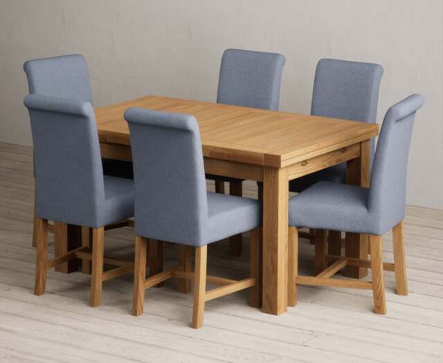 Extending Buxton 140cm Solid Oak Dining Table with 6 Blue Scroll Back Chairs by Oak Furniture ...