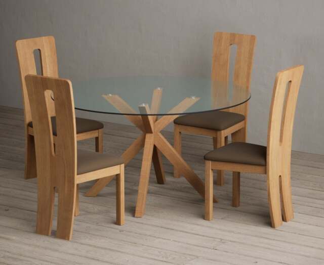 Lakelyn 140cm Round Solid Oak and Glass Dining Table with 4 Cream Lucca ...