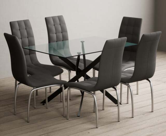 Bernini 120cm Black Leg Rectangular Glass Dining Table with 4 Black ...