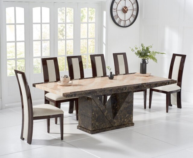 Tenore 220cm Extra Large Marble Dining Table with 6 Brown Novara Chairs ...