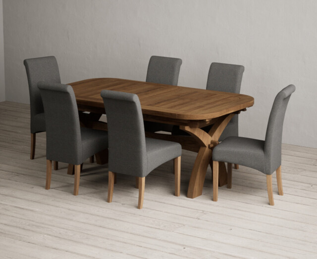 Extending Olympia 180cm Rustic Solid Oak Dining Table with 6 Brown ...
