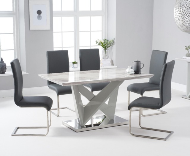 Marcella 150cm Marble Effect High Gloss Light Grey Dining Table with 6 ...