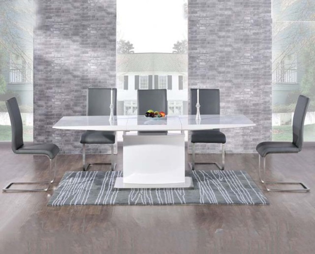 Extending Alessio 160cm White High Gloss Dining Table with 8 Grey ...