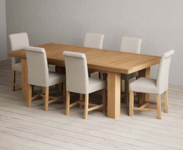 Extending Callington 230cm Oak Dining Table with 10 Natural Scroll Back ...