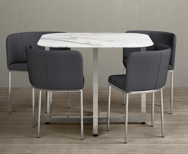 Rhodes White Marble Effect Ceramic Dining Table with 4 Grey Rhodes Chairs by Oak Furniture ...
