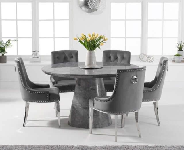 Ravello 130cm Round Grey Marble Dining Table with 4 Grey Sienna Chairs ...