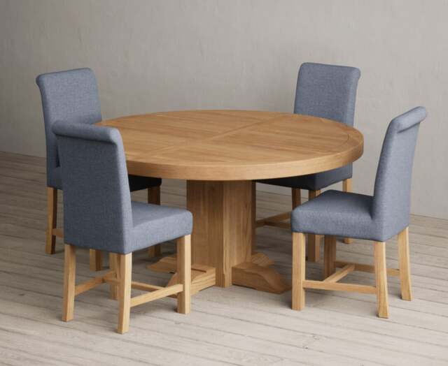 Helmsley 150cm Round Oak Dining Table with 4 Blue Scroll Back Chairs by ...